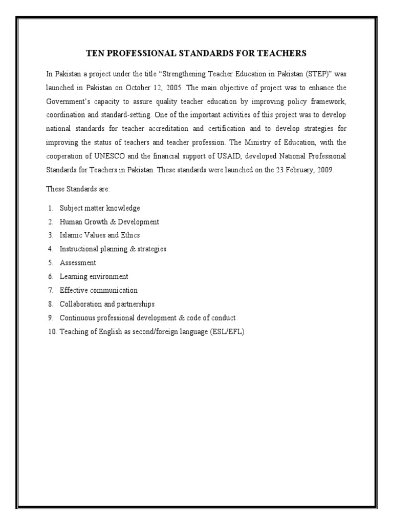 National Teacher Standards in Pakistan 2009 | PDF