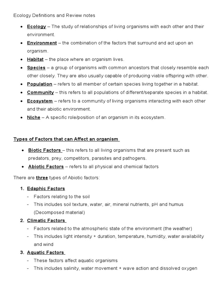 Ecology Definitions and Review Notes | PDF