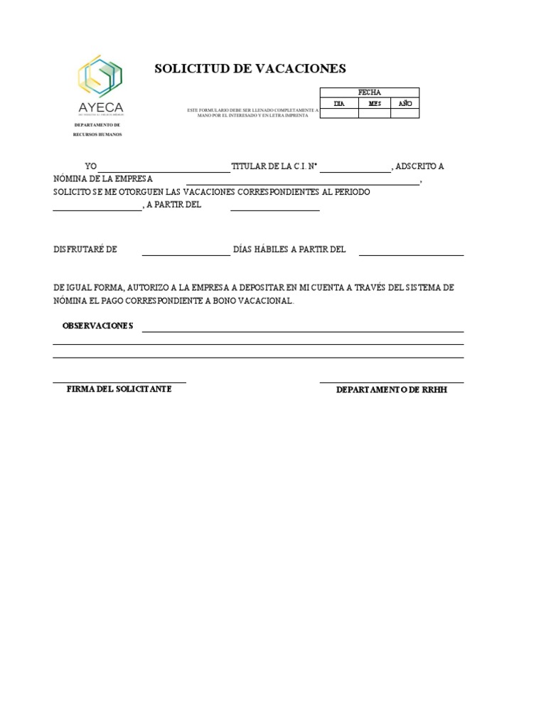 Formato Solicitud de Vacaciones | PDF