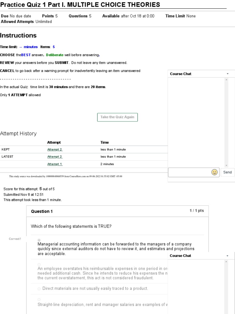 Practice Quiz 1 Part I. MULTIPLE CHOICE THEORIES 1211 ACCCOB3 K33 BASIC MANAGEMENT ACCOUNTING.p ...
