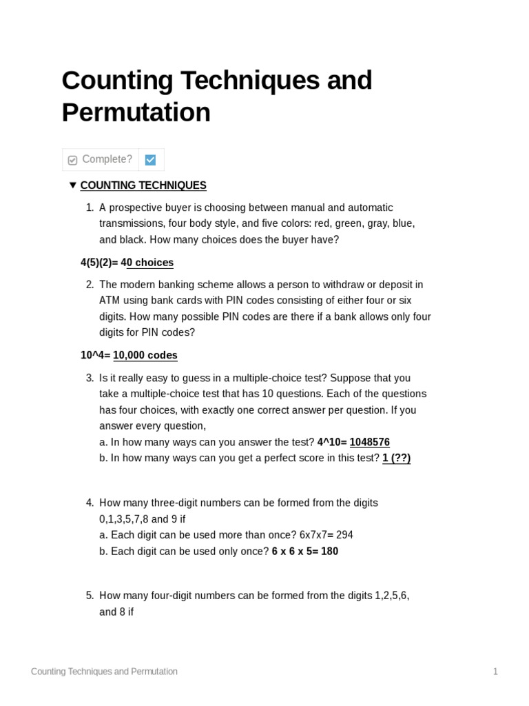 Counting Techniques and Permutation | PDF | Permutation | Personal Identification Number