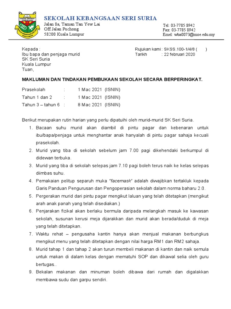 Makluman Dan Tindakan Pembukaan Sekolah | PDF