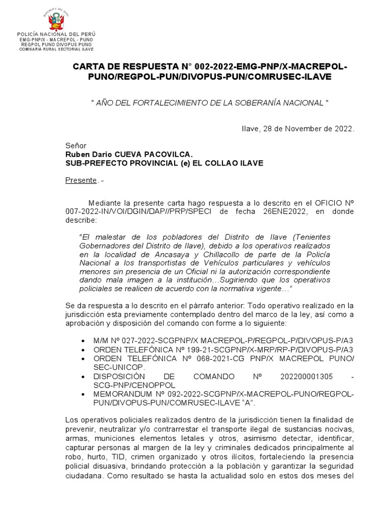 Cartade Respuesta #002-2022 Respuesta Al Oficio #007-2022 | PDF ...