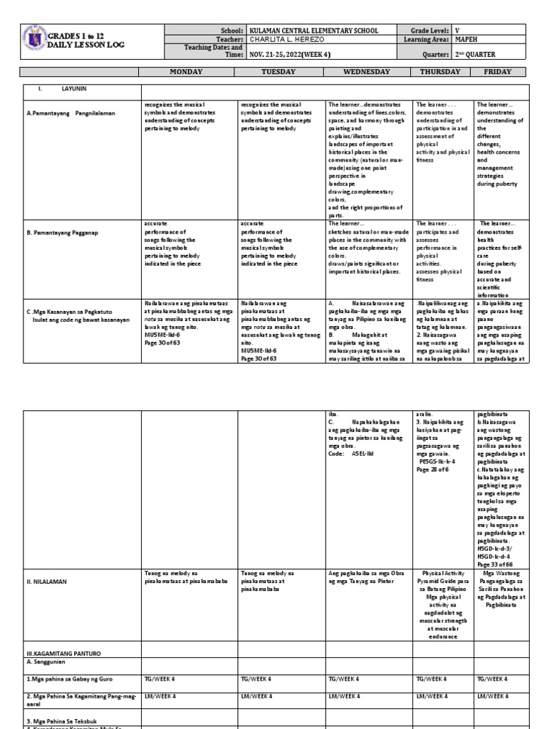 DLL - Mapeh 5 - Q2 - W4 | PDF | Learning | Behavior Modification