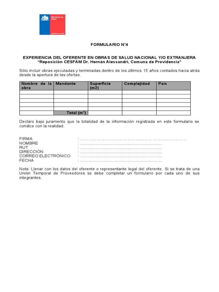 Formulario #4 EXPER. DEL OFERENTE EN O. DE SALUD NAC. Y O EXTR. | PDF