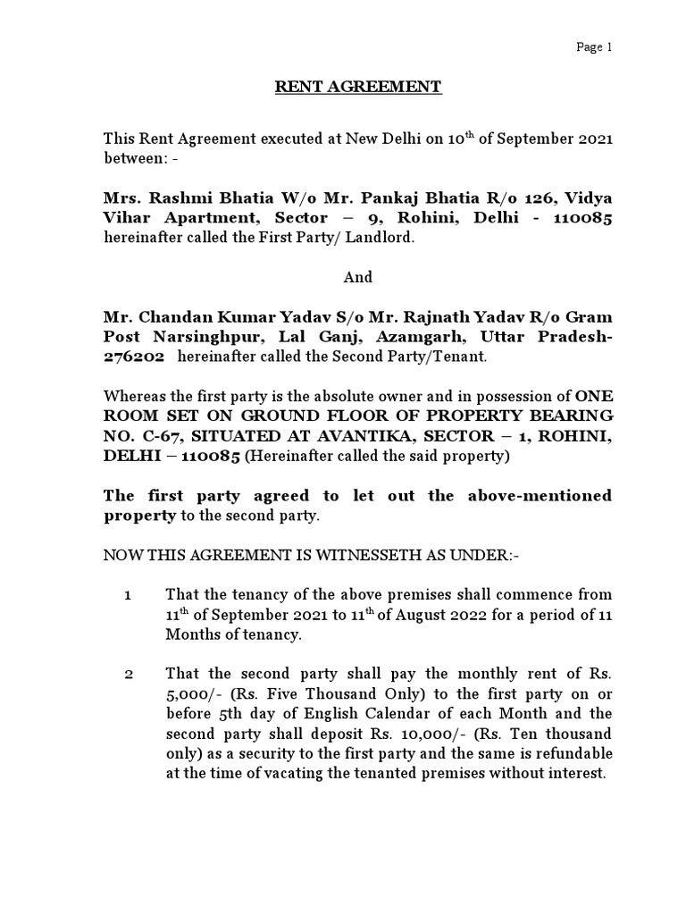 Rent Agreement Sahil Bansal | PDF | Leasehold Estate | Landlord