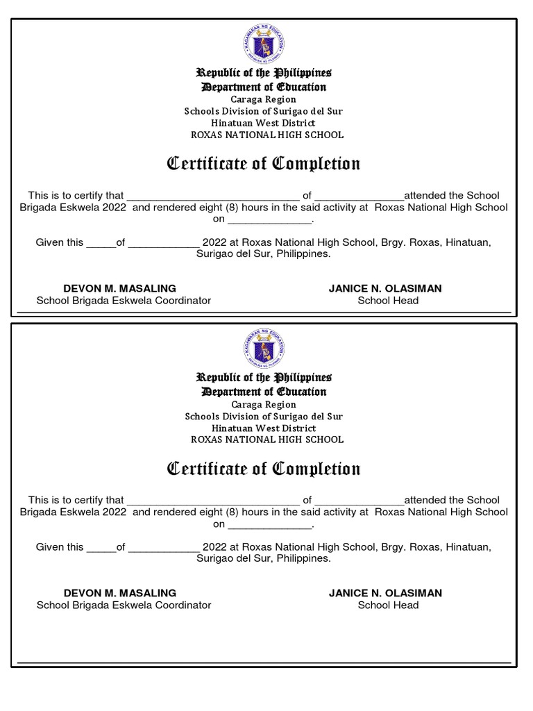 Certificate of Completion for Brigada Eskwela | PDF