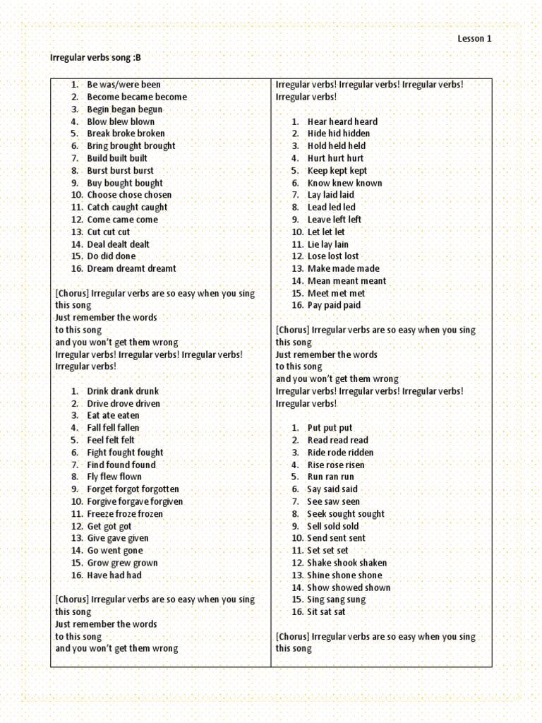 Irregular Verbs Song | PDF