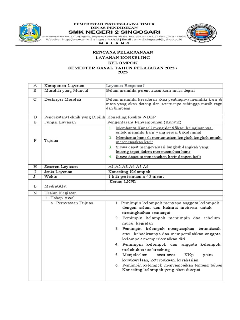 RPL Konseling KELOMPOK Rencana Karir Roudhotul Husna Yanif | PDF ...