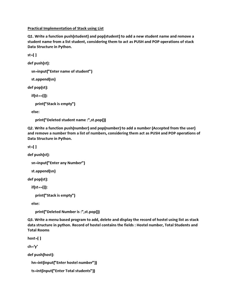 Practical Implementation Of Stack Using List Pdf Data Management Computer Programming