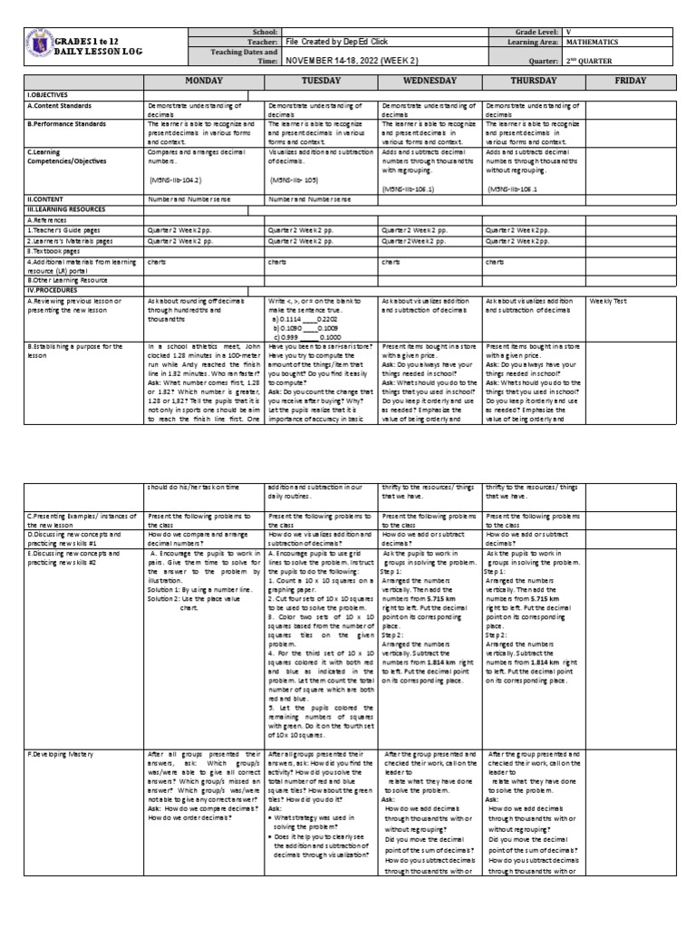DLL - Mathematics 5 - Q2 - W2 | PDF | Teaching Method | Subtraction
