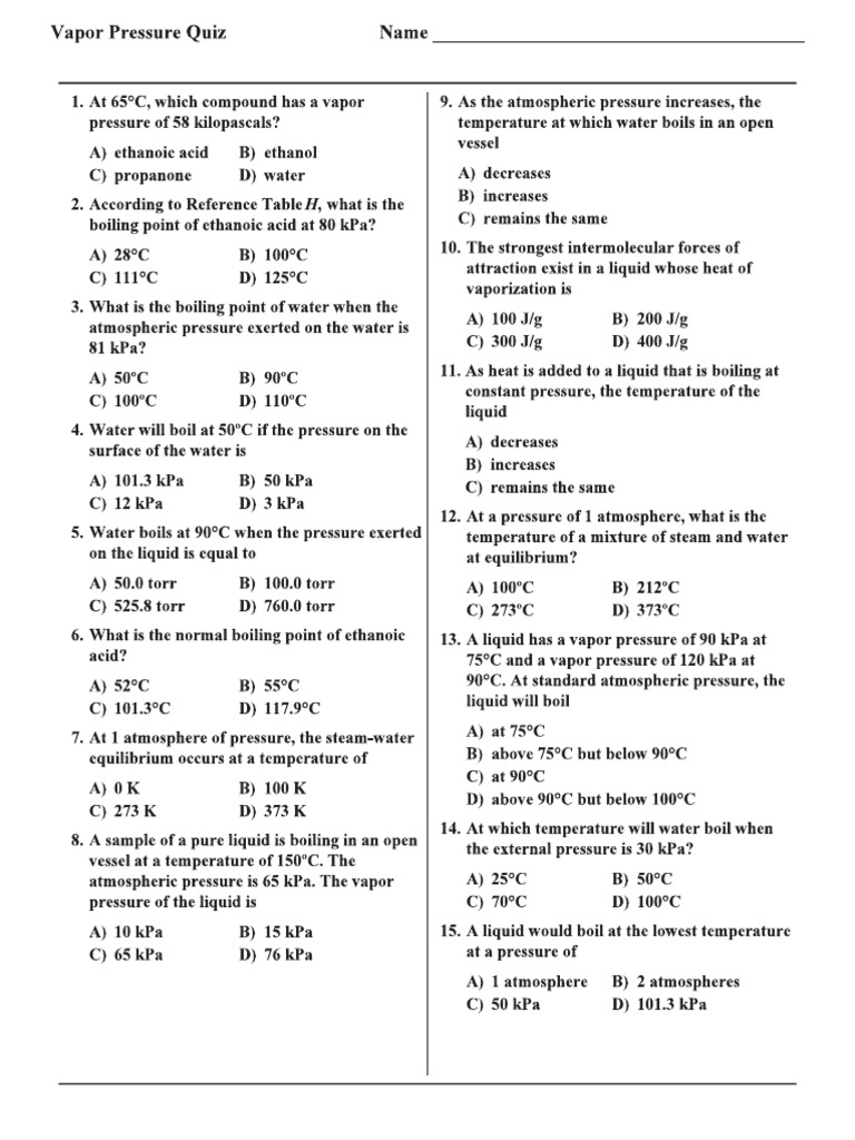 Vapor Pressure Quiz | PDF