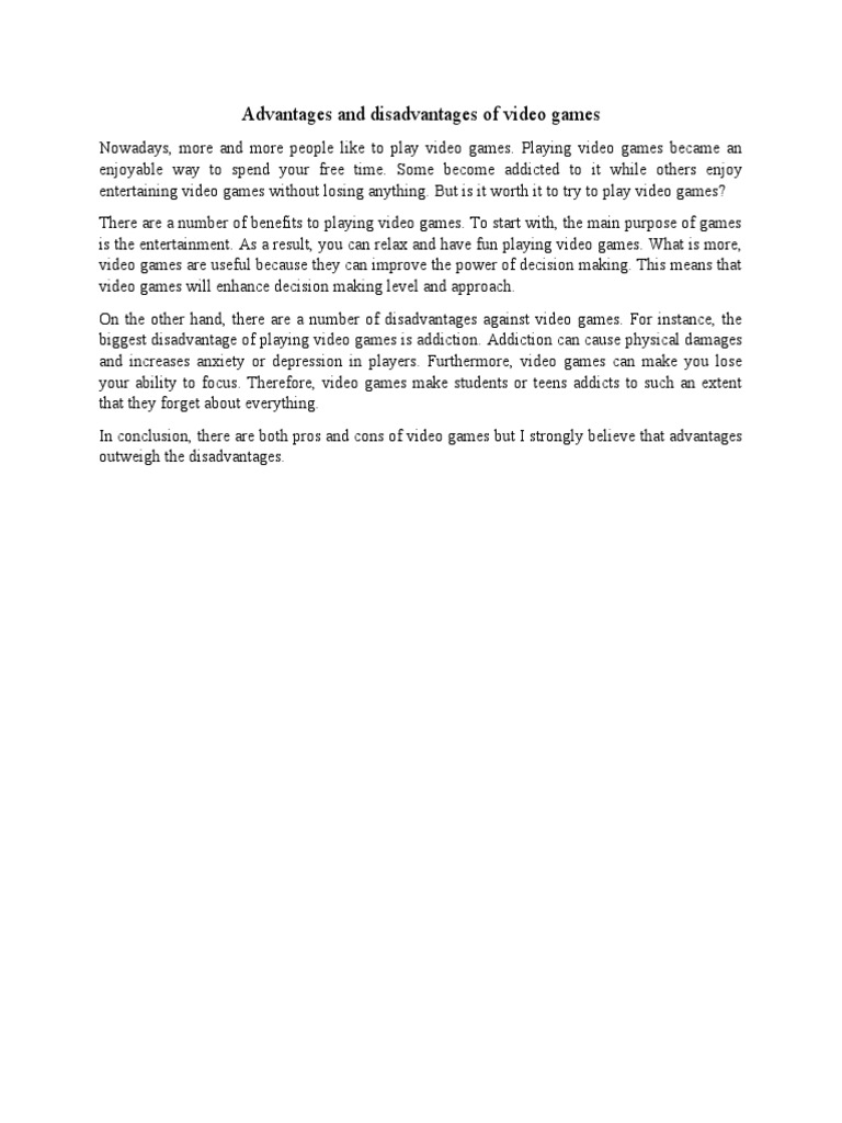 Video Games For and Against Essay | PDF | Games & Activities | Self ...