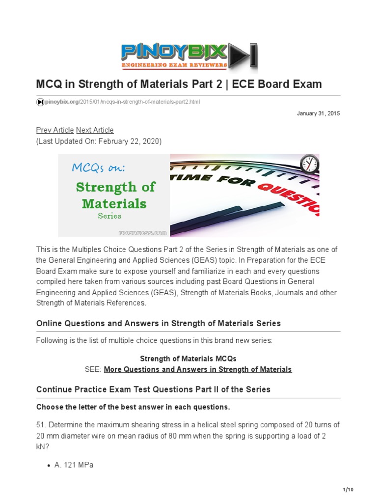 MCQ in Strength of Materials Part 2 ECE Board Exam | PDF | Deformation (Engineering) | Yield ...