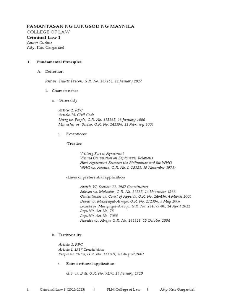 Criminal Law 1 Course Outline 2022-2023 | PDF | Crimes | Crime & Violence