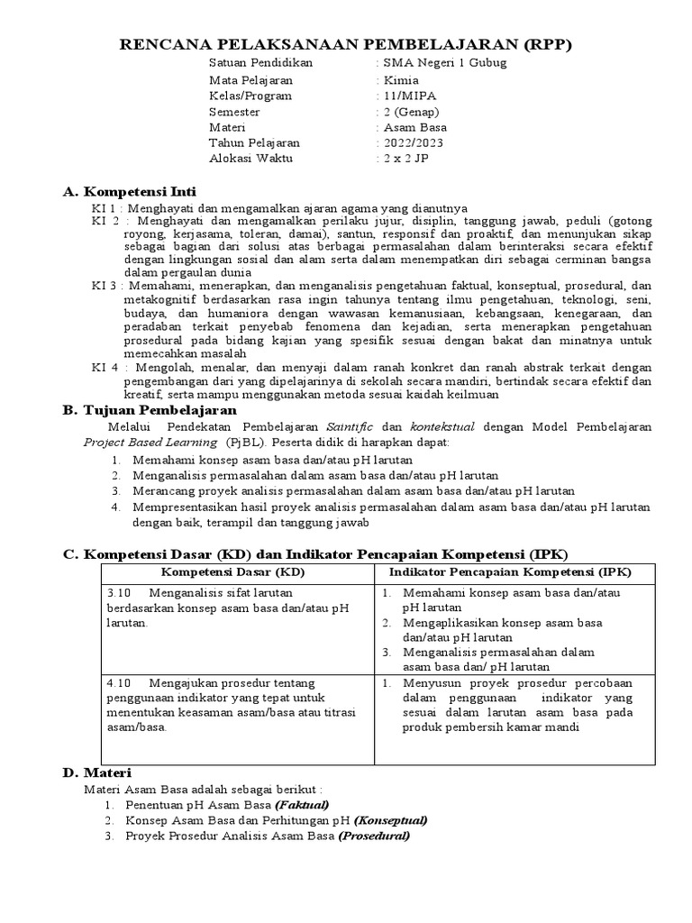 RPP Asam Basa Model Pembelajaran PJBL | PDF