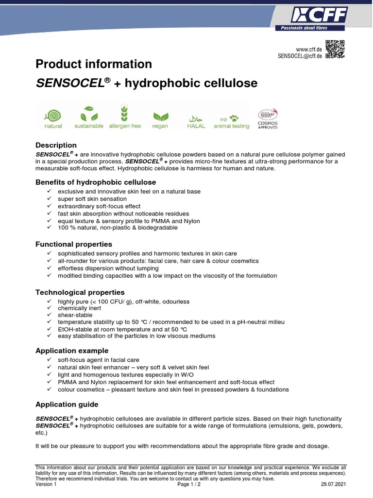 Product Information SENSOCEL + | PDF | Cosmetics | Cellulose