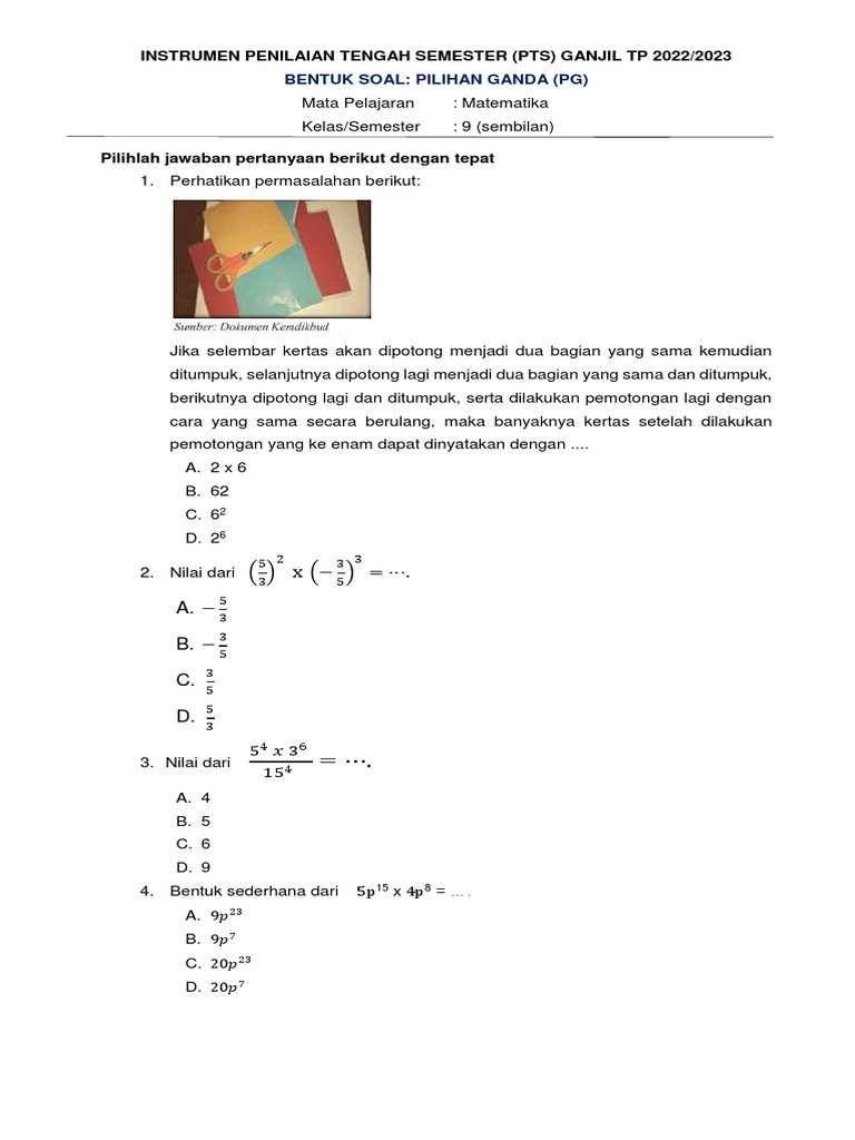 Soal PTS MTK-9 Ganjil 22-23 | PDF | Seni