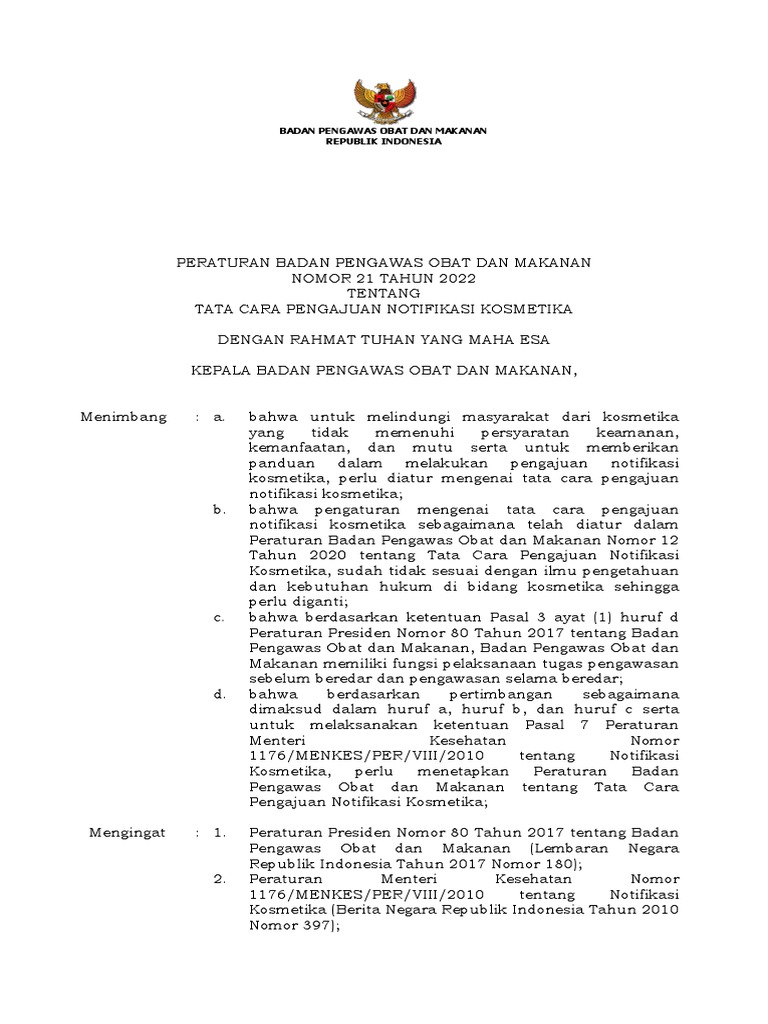 Per BPOM No.-21-Tahun-2022 Tata Cara Pengajuan Notifikasi Kosmetika | PDF