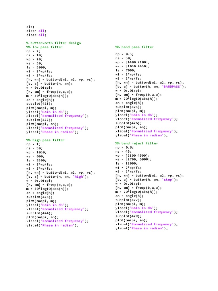 Butterworth Filter Design MATLAB Code | PDF | Waves | Control Theory Butterworth Filter Design MATLAB Code | PDF | Waves | Control Theory