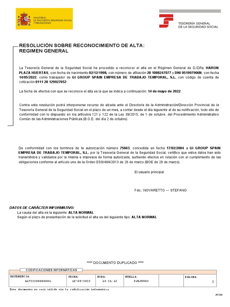 Resolución Sobre Reconocimiento de Alta: Regimen General: Datos de ...