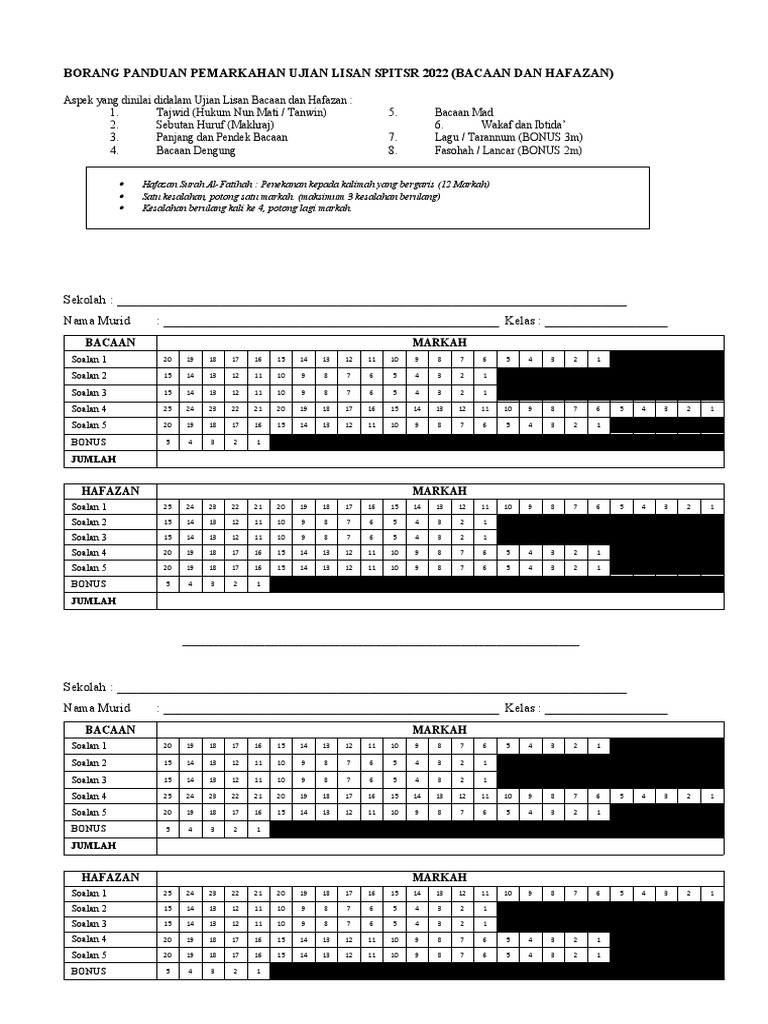Format Pemarkahan Ujian Lisan 2022 | PDF