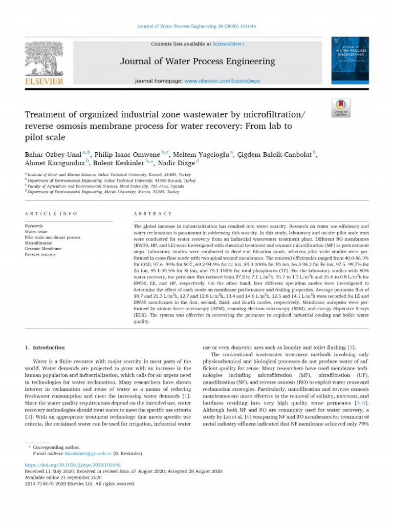 Treatment of Organized Industrial Zone Wastewater by Microfiltration ...