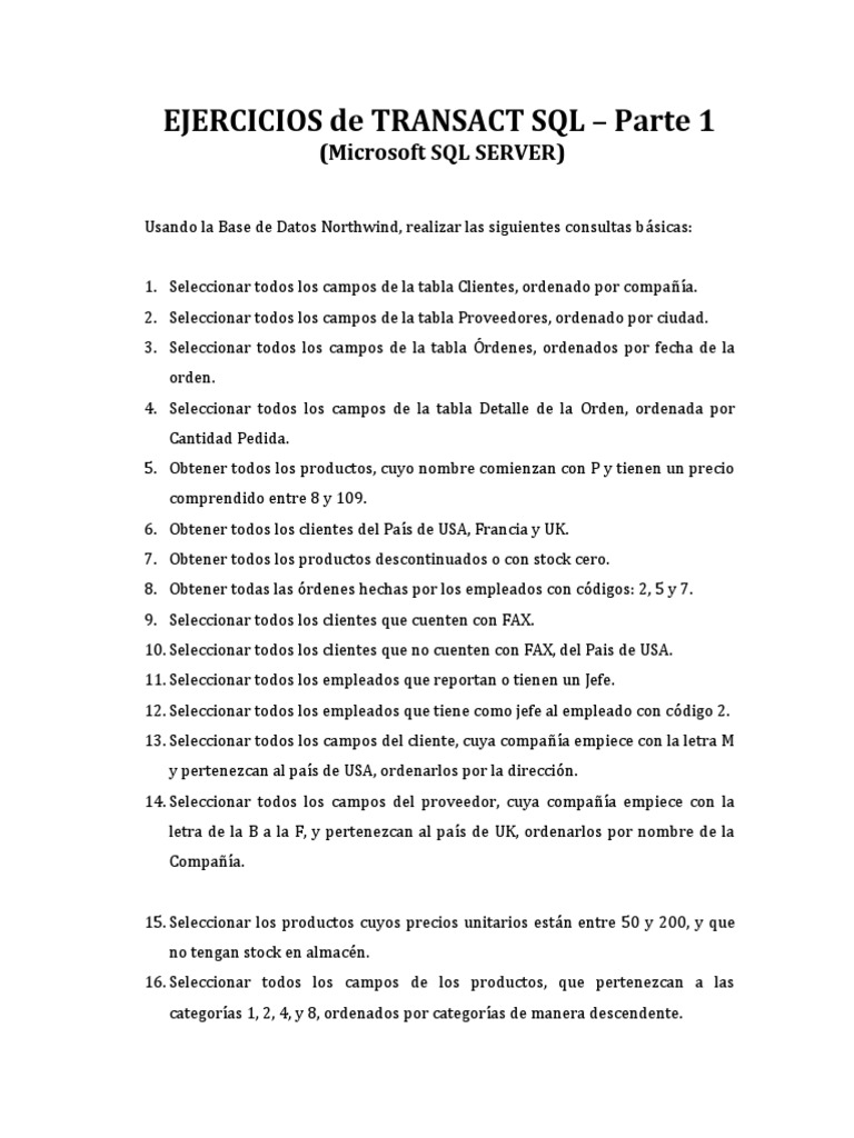Ejercicios Propuestos de Transact SQL - Parte 1 | PDF