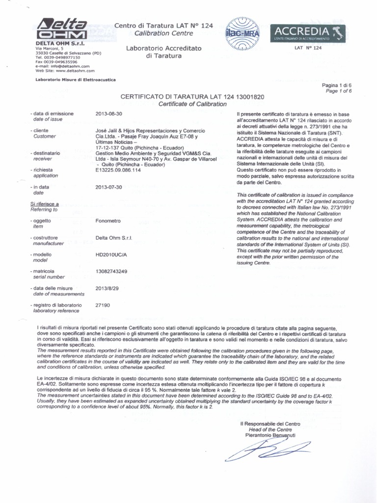 Anexo 9. Certificado de Calibración Sonometro | PDF