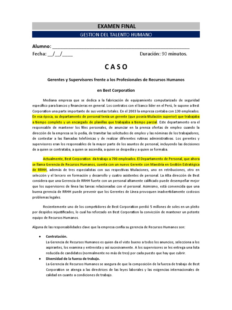 EXAMEN FINAL GTH - Caso Best Corporation Garay Contreras Daniel - SECCION 14729 | PDF
