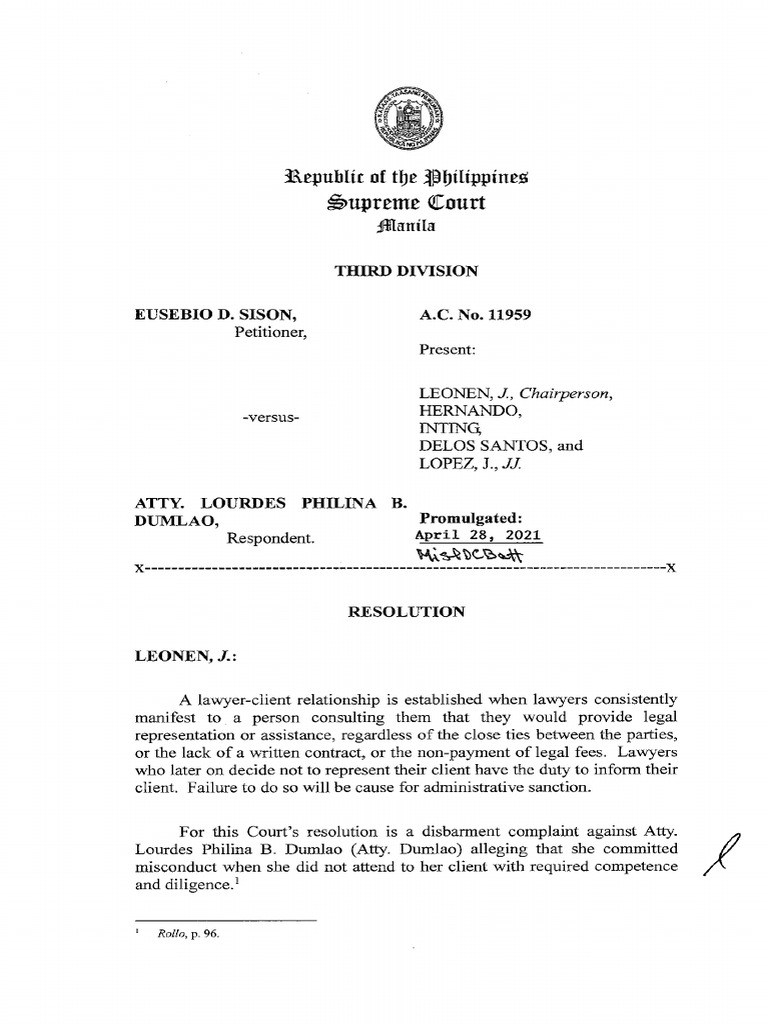EUSEBIO D. SISON - VS - ATTY. LOURDES PHILINA B. DUMLAO, April 28, 2021 ...