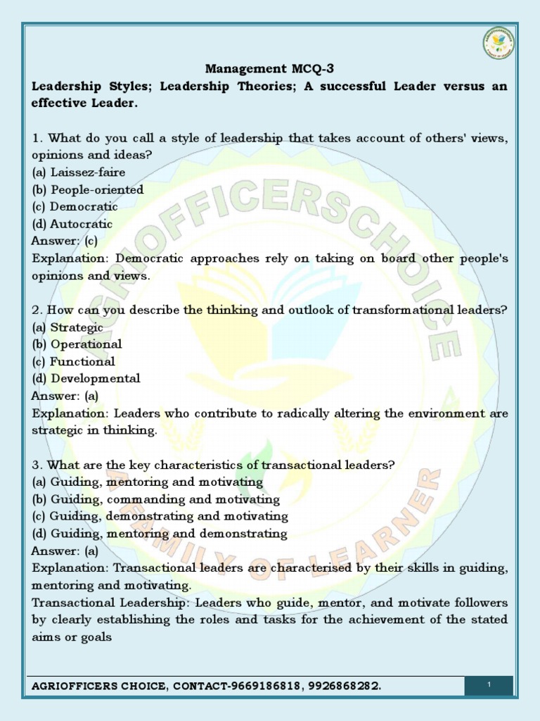 Practice MCQ 3 | PDF | Leadership | Transformational Leadership