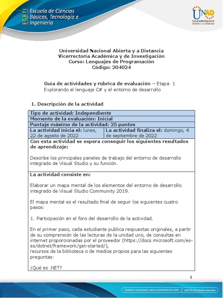 Guía de Actividades y Rúbrica de Evaluación - Etapa 1 - Explorando El Lenguaje C# y El Entorno ...