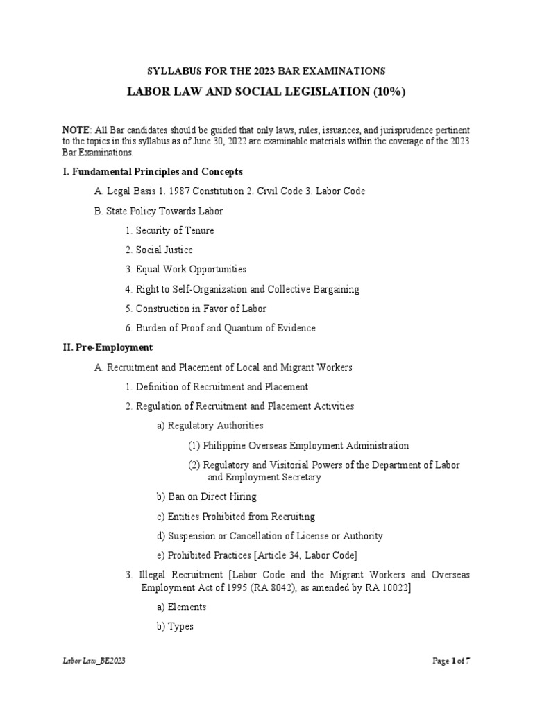 2023 Bar Exam Labor Law Syllabus | PDF | Employment | Labour Law