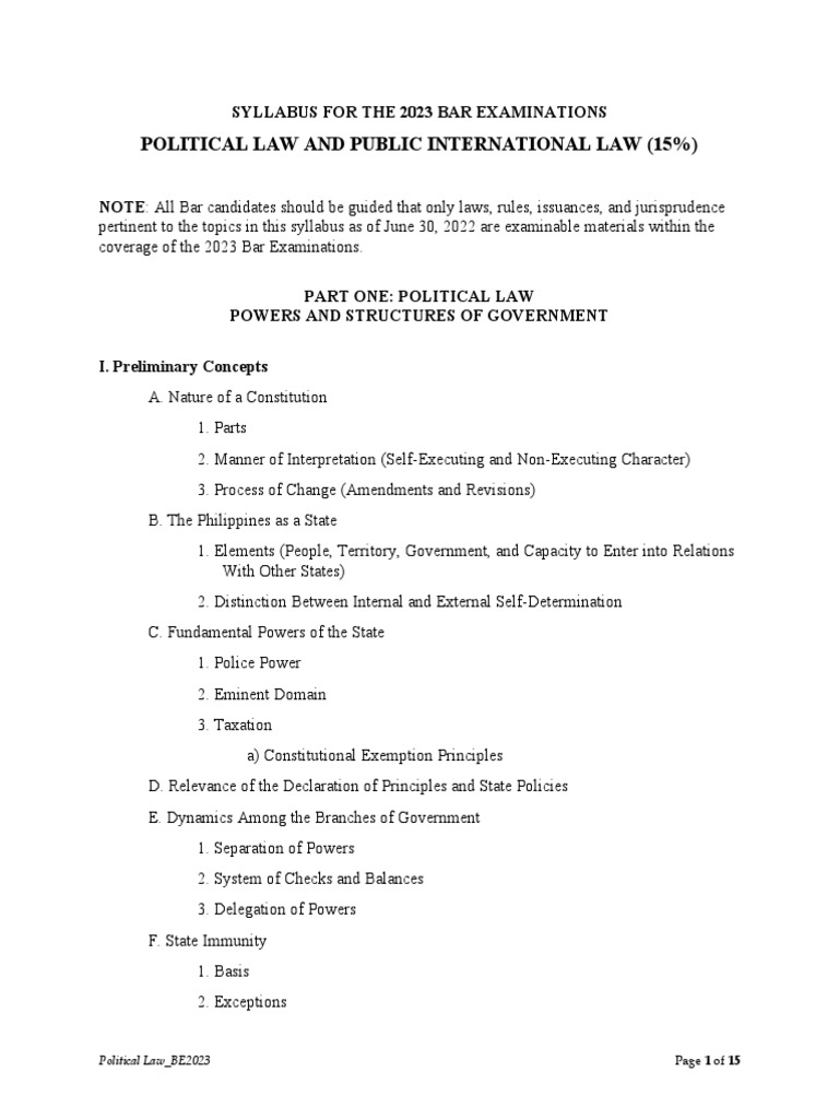 Syllabus For The 2023 Bar Examinations - Political Law | PDF | American ...
