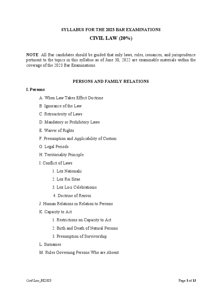 Syllabus For The 2023 Bar Examinations - Civil Law | PDF