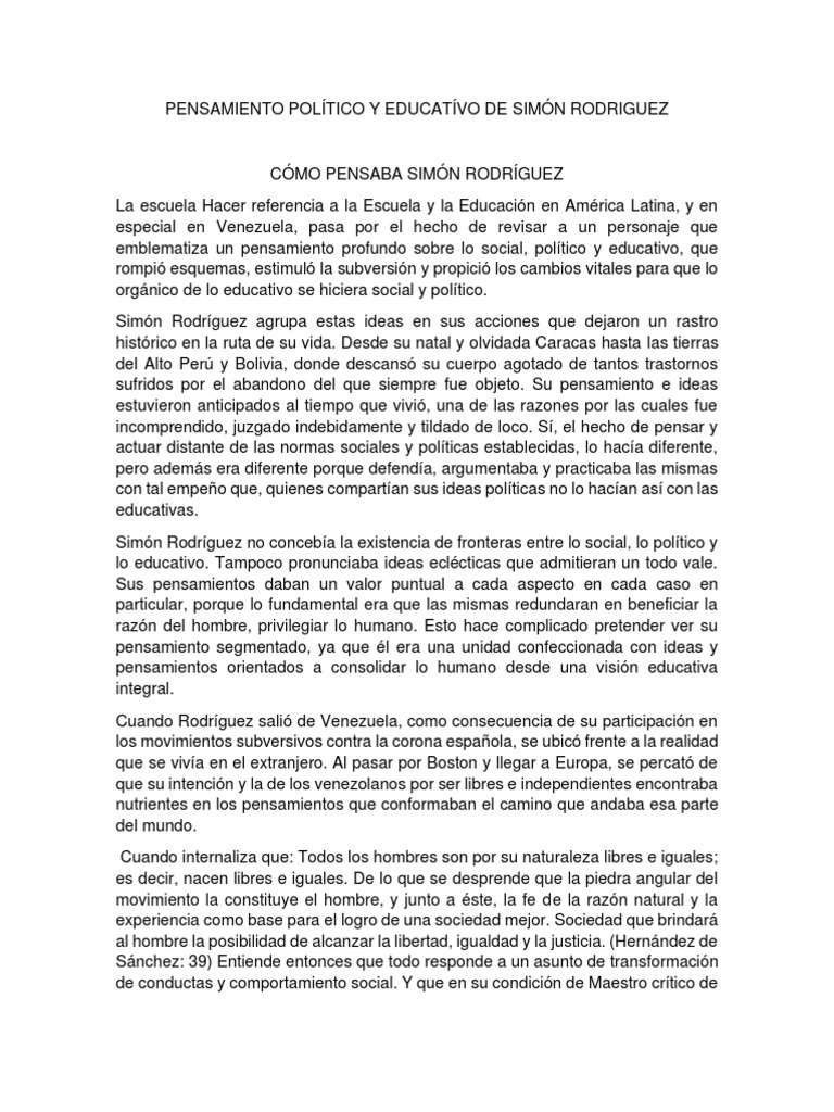 PENSAMIENTOS DE SIMÓN RODRIGUEZ | PDF | Pensamiento | Aprendizaje