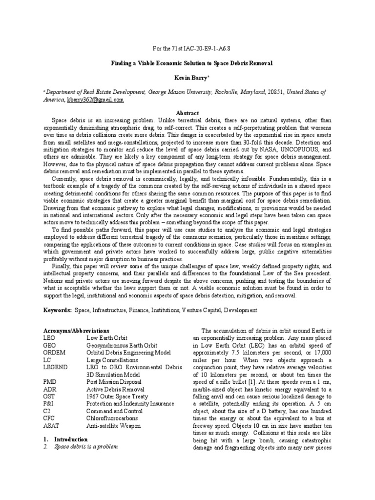 Finding A Viable Economic Solution To Space Debris Removal | PDF | Space Debris