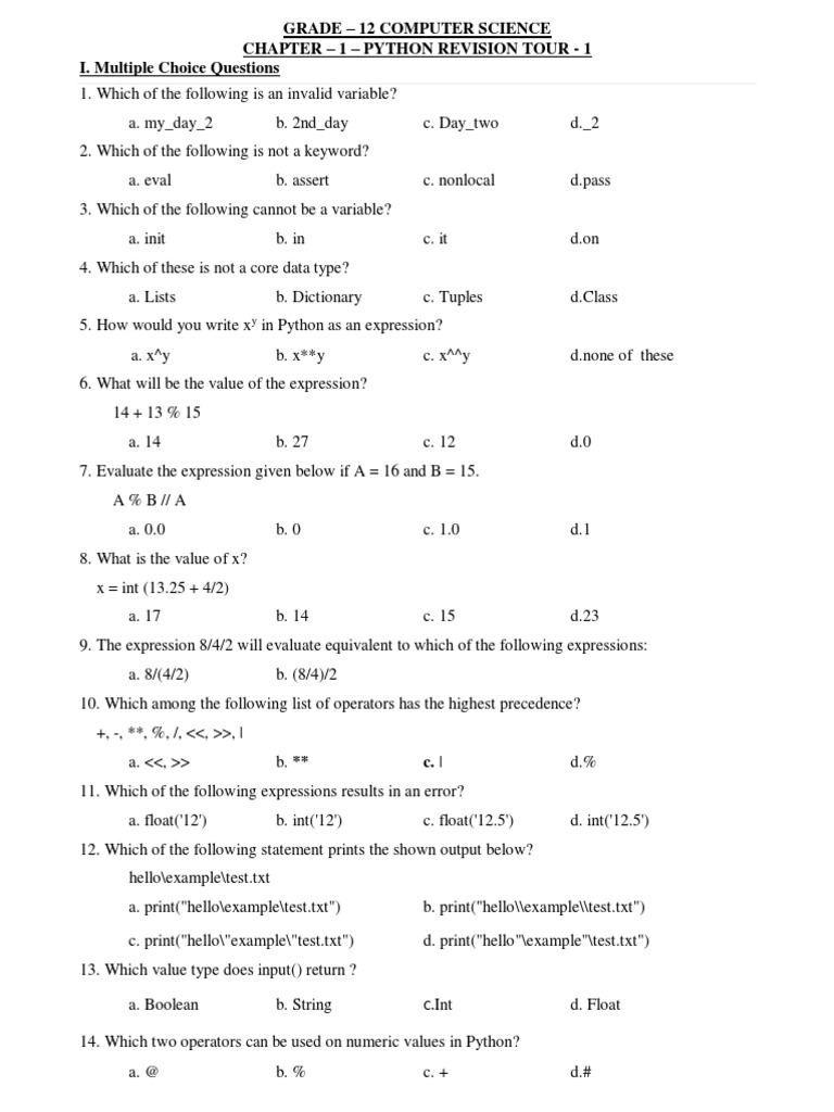 Chapter 1 Python Revision Tour 1 One Mark Mcq Questions Pdf