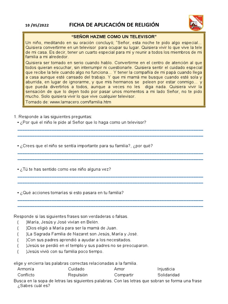 10-05-2022 Ficha de Aplicación de Religión | PDF | María, madre de ...