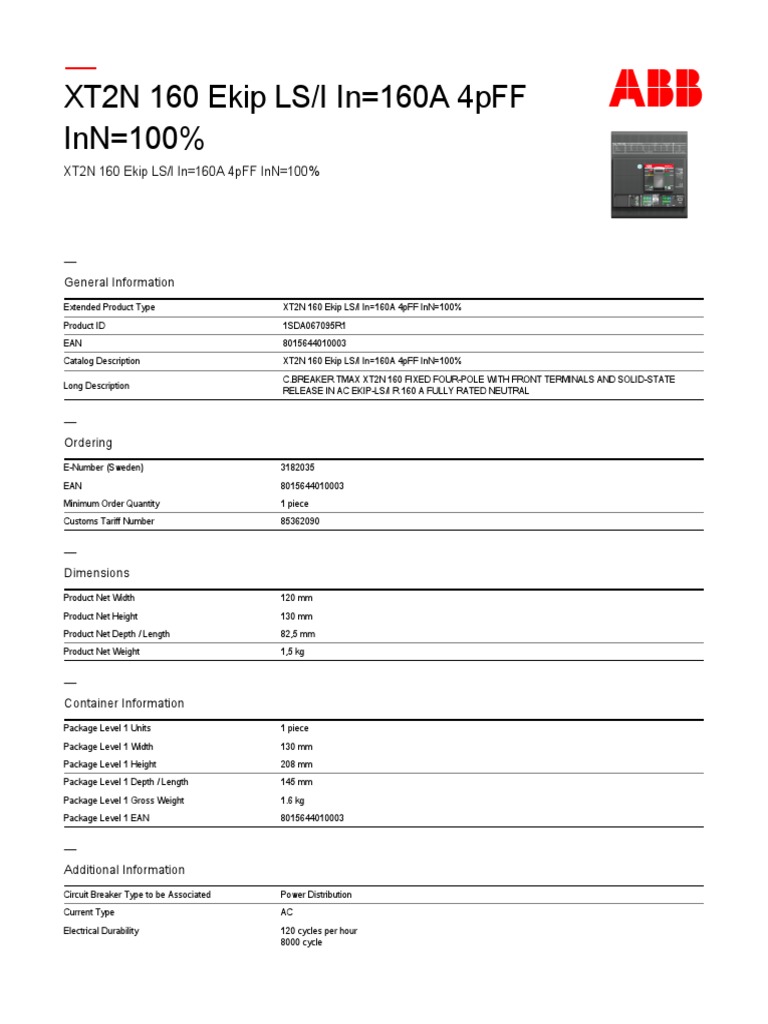 1SDA067095R1 xt2n 160 Ekip Ls I in 160a 4pff Inn 100 | PDF | Transformer | Electric Power ...