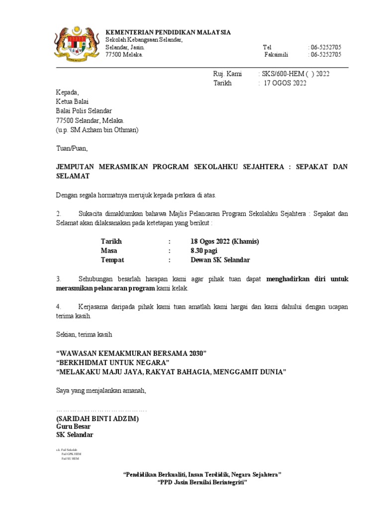 Surat Jemputan Perasmi Program Sekolahku Sejahtera | PDF