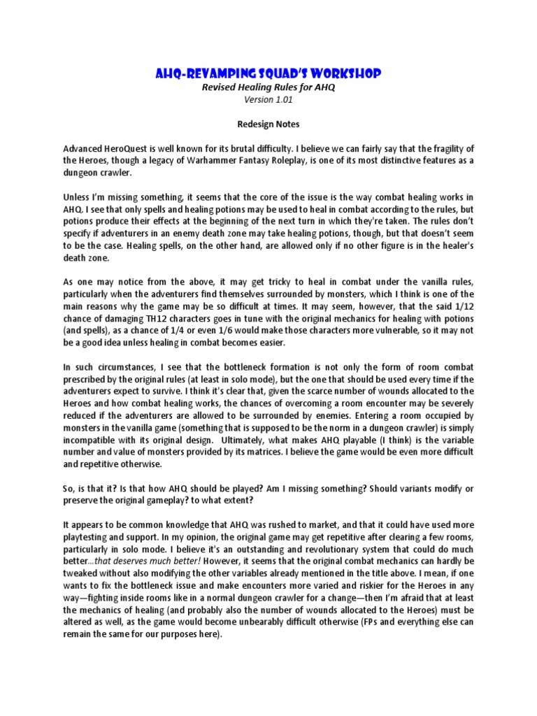 HR - Revised Healing Rules For AHQ V1.01 | PDF | Gaming | Role Playing Games