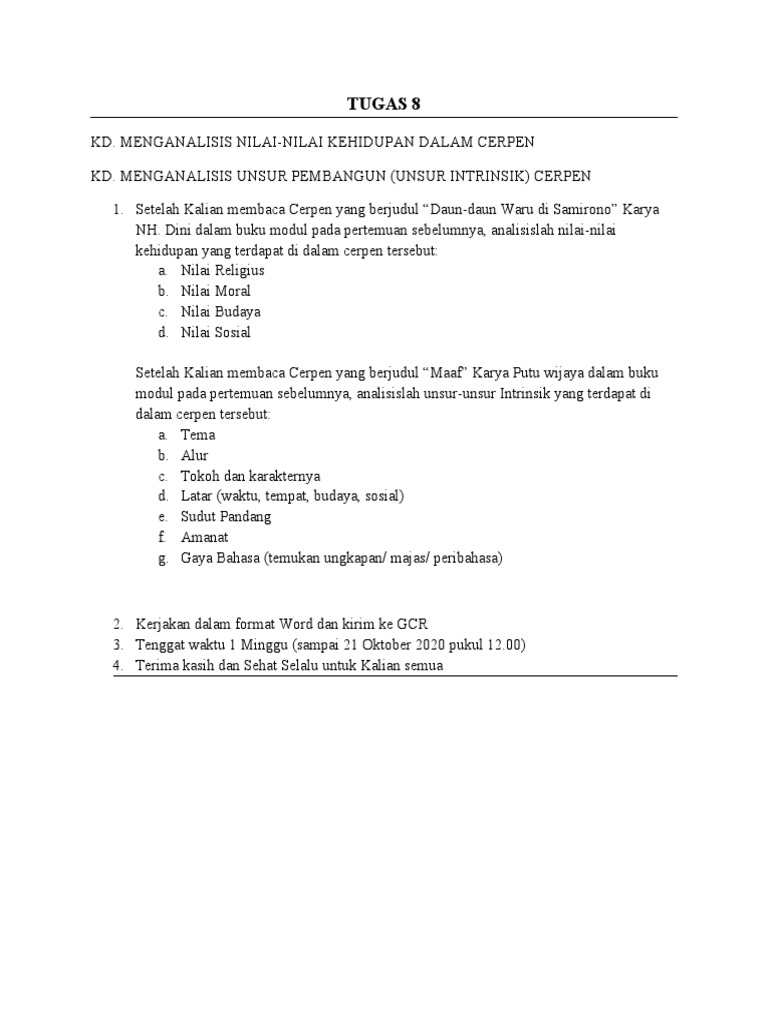 Tugas 8 Kd. Menganalisis Nilai Dan Intrinsik Cerpen | PDF | Fiksi Umum