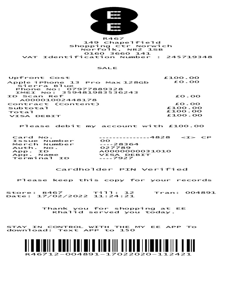 Shop receipt from EE store with sale details including Apple iPhone purchase | PDF