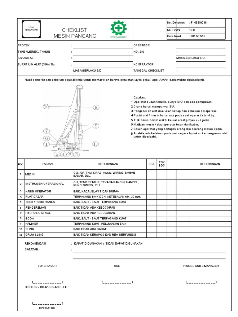 Form Checklist Inspeksi Mesin Pancang | PDF