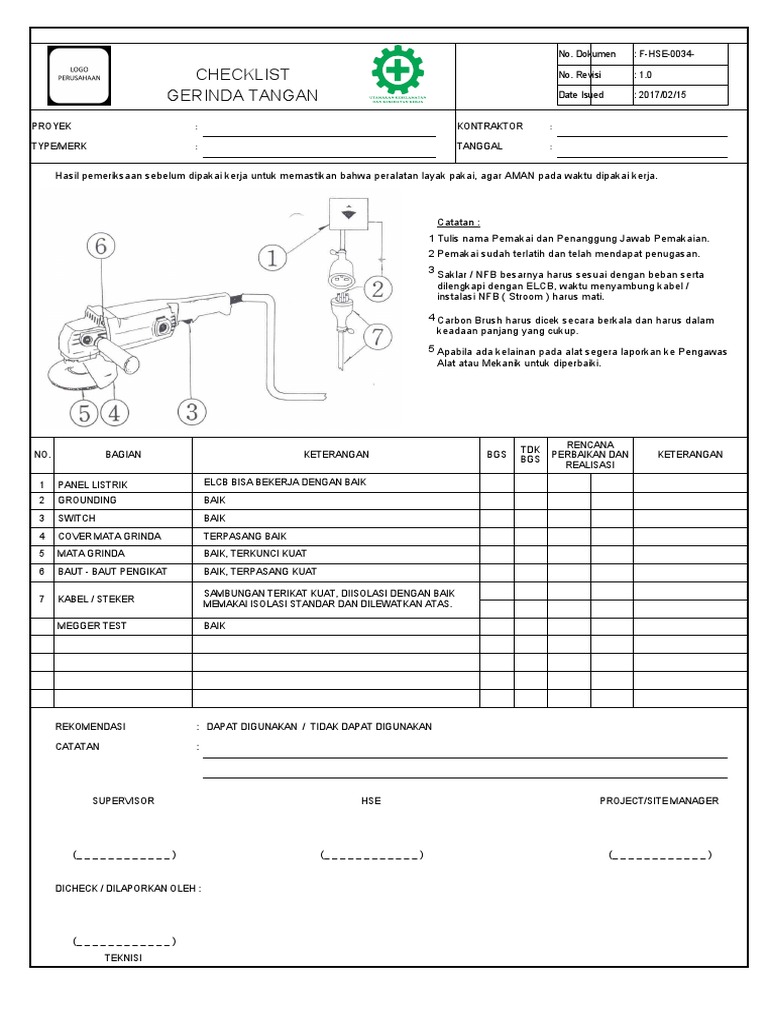 Form Checklist Inspeksi Gerinda Tangan | PDF