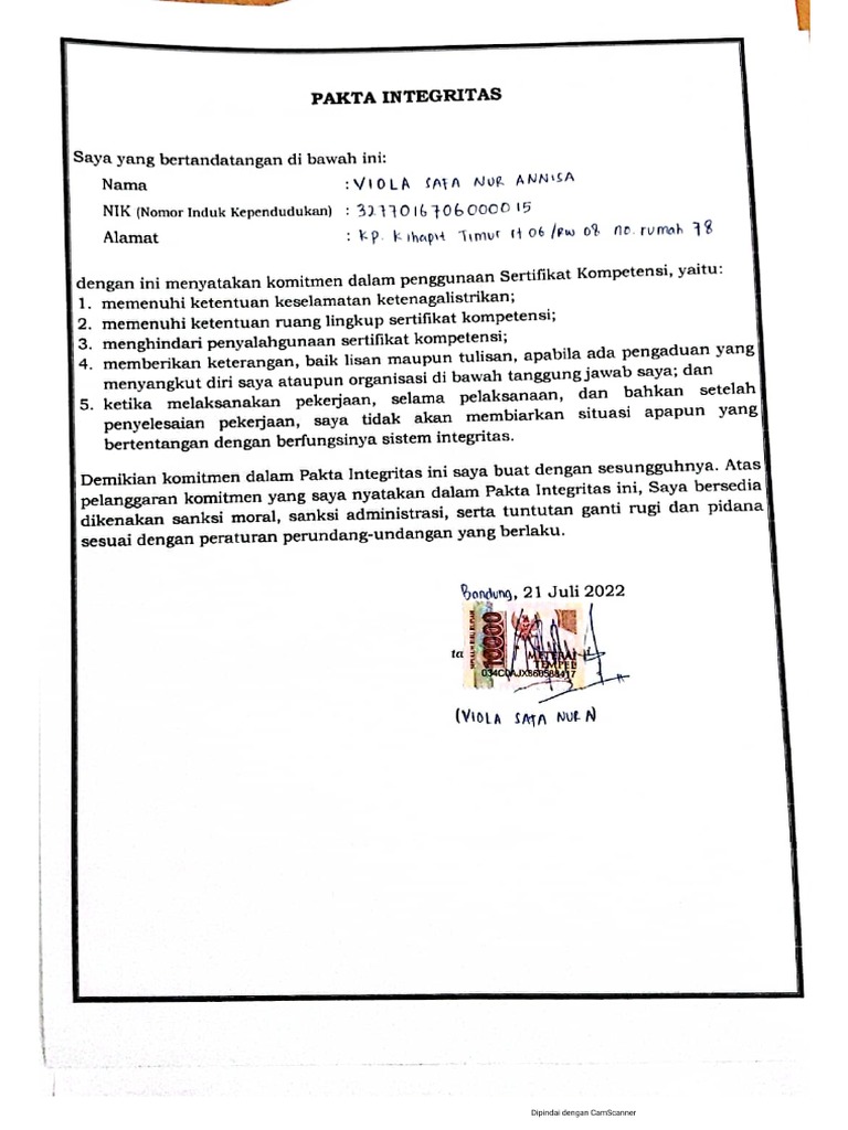 Pakta Integritas - Viola Safa Nur Annisa | PDF