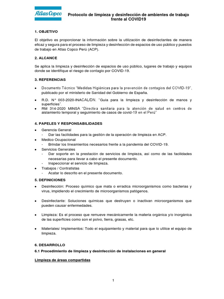 Protocolo de Limpieza y Desinfecion en General ACP. | PDF ...