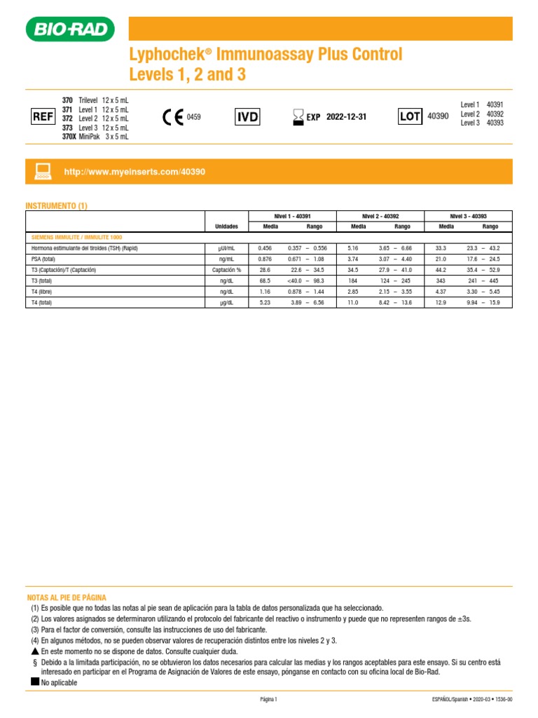 Lyphochek Immunoassay Plus Control Levels 1, 2 and 3 | PDF | Glándulas ...